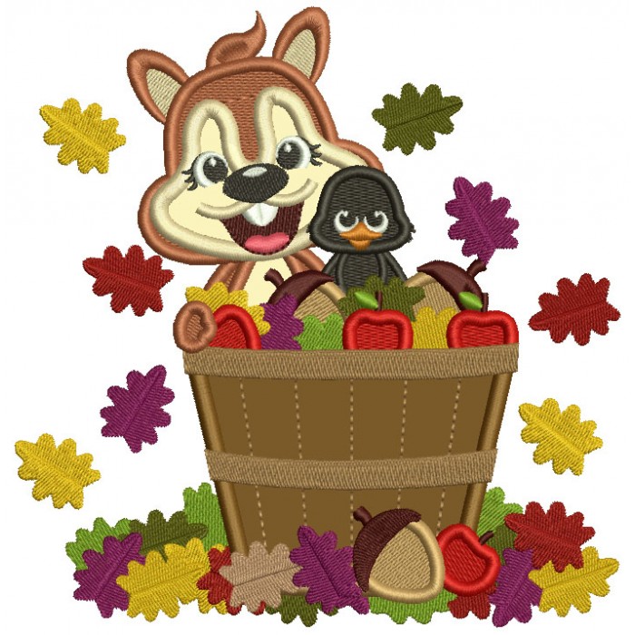 Squirrel Sitting In The Basket With Acorns And Leaves Fall Applique ...