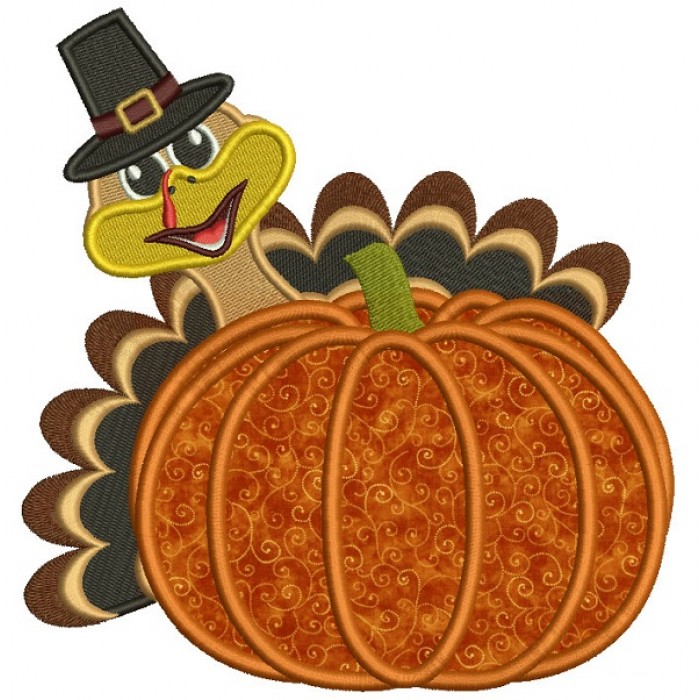Turkey Behind a Big Pumpkin Thanksgiving Applique Machine Embroidery ...