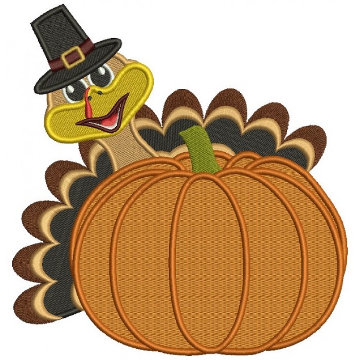 Turkey Behind a Big Pumpkin Thanksgiving Filled Machine Embroidery ...