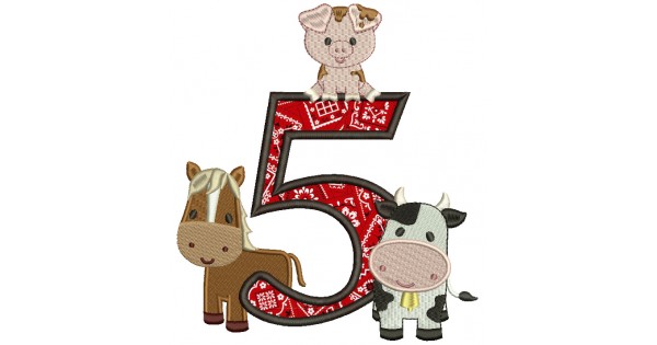 Farm Animals Bithday Number Five Applique Machine Embroidery Design ...