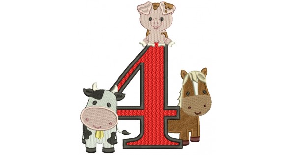 Farm Animals Bithday Number Four Filled Machine Embroidery Design ...