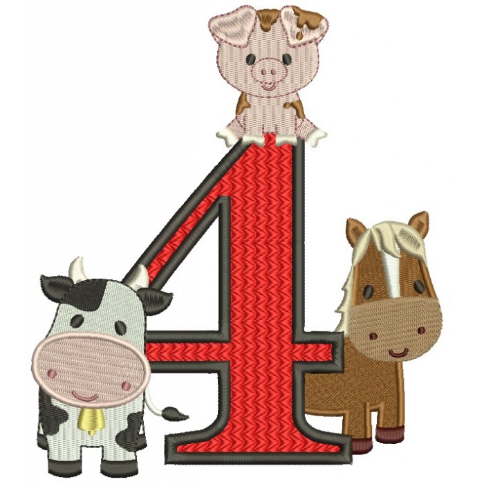 Farm Animals Bithday Number Four Filled Machine Embroidery Design ...