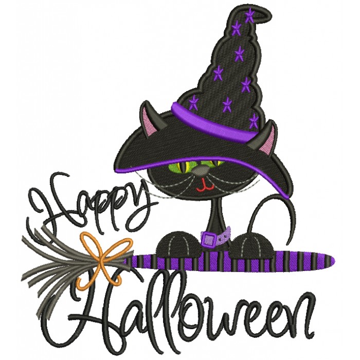 Happy Halloween Black Cat Witch on a Broom Halloween Filled Machine ...