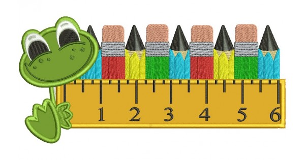 Cute Frog With a Big Ruler and Pencils School Applique Machine ...