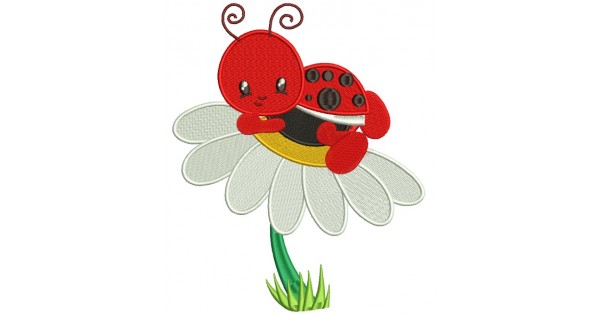 Cute Ladybug on a Daisy Filled Machine Embroidery Digitized Design Pattern