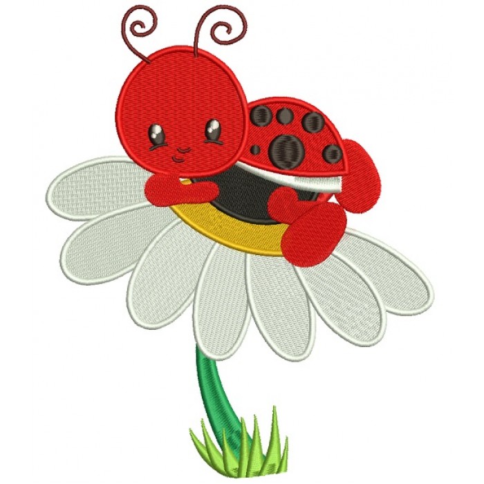 Cute Ladybug on a Daisy Filled Machine Embroidery Digitized Design Pattern