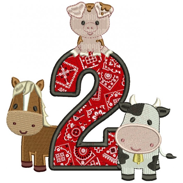 Farm Animals Bithday Number Two Full Applique Machine Embroidery Design ...