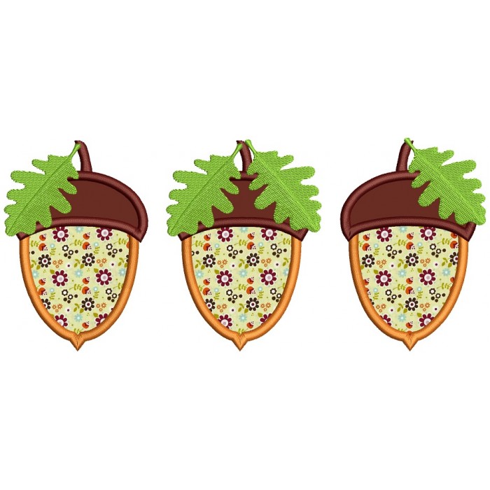 Three Acorn Fall Applique Machine Embroidery Design Digitized Pattern
