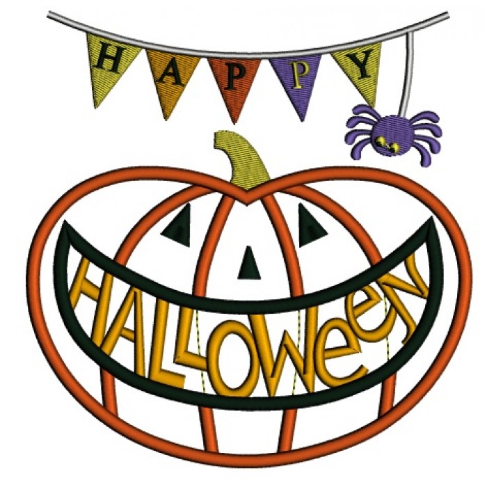 Happy Halloween Smiling Pumpkin Applique Machine Embroidery Design ...