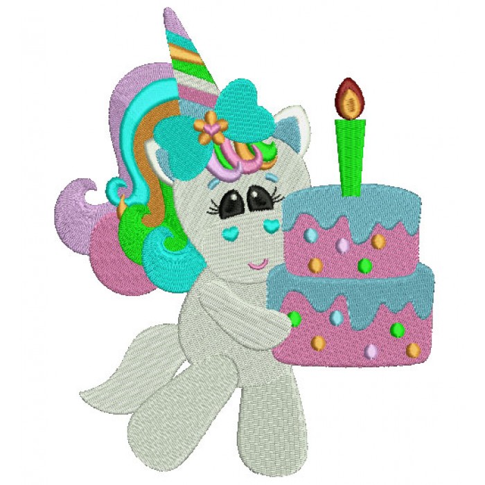 Rainbow Unicorn With Birthday Cake Filled Machine Embroidery Digitized ...