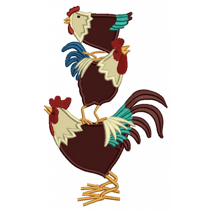 Three Roosters Farm Applique Machine Embroidery Digitized Design Pattern
