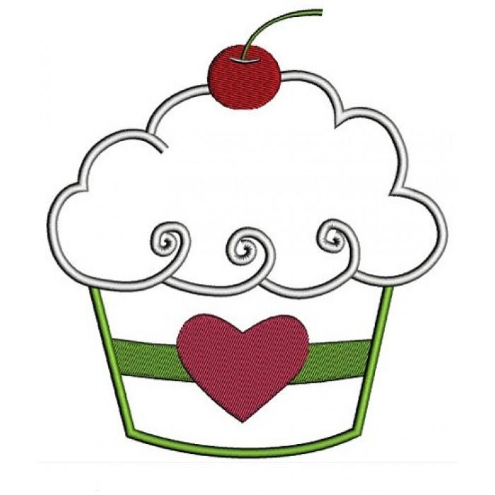 Cupcake Applique with cherry and heart Machine Embroidery Digitized ...