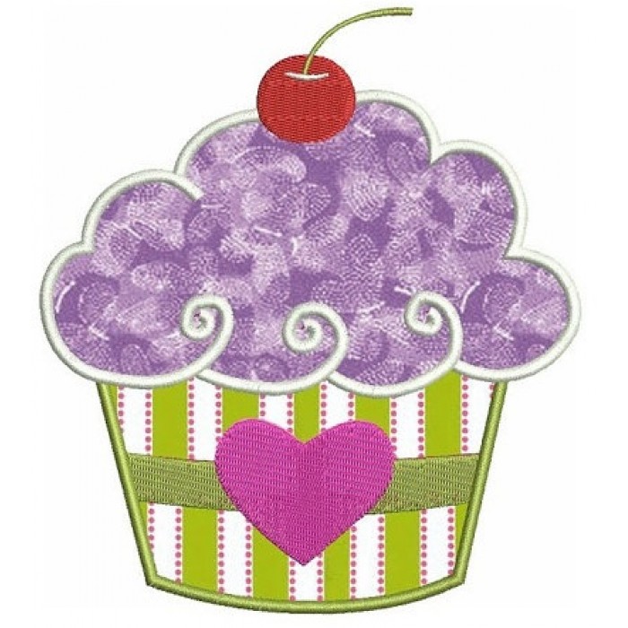 Cupcake Applique with cherry and heart Machine Embroidery Digitized ...